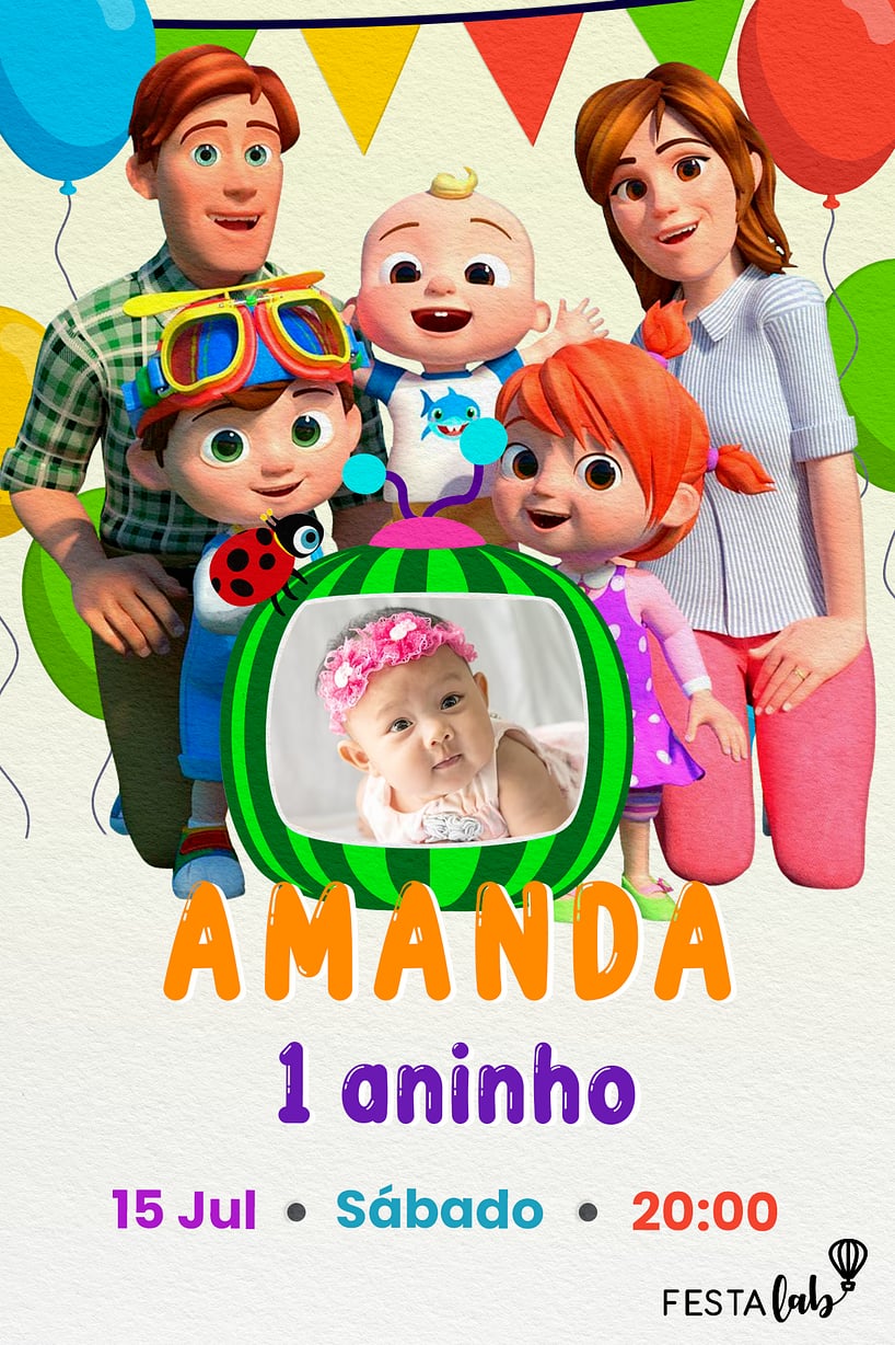 Criar convite de Canções de Cocomelon online grátis| FestaLab